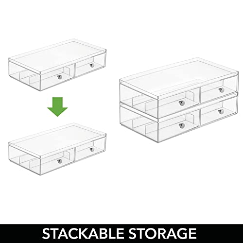 mDesign Wide Stackable Plastic Eye Glass Organizer Box Holder for Sunglasses, Reading Glasses, Lens Cleaning Cloths, Accessories - 2 Divided Drawers with 6 Sections, Chrome Pulls, Clear