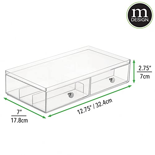 mDesign Wide Stackable Plastic Eye Glass Organizer Box Holder for Sunglasses, Reading Glasses, Lens Cleaning Cloths, Accessories - 2 Divided Drawers with 6 Sections, Chrome Pulls, Clear