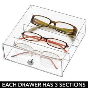 mDesign Wide Stackable Plastic Eye Glass Organizer Box Holder for Sunglasses, Reading Glasses, Lens Cleaning Cloths, Accessories - 2 Divided Drawers with 6 Sections, Chrome Pulls, Clear