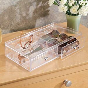 mDesign Wide Stackable Plastic Eye Glass Organizer Box Holder for Sunglasses, Reading Glasses, Lens Cleaning Cloths, Accessories - 2 Divided Drawers with 6 Sections, Chrome Pulls, Clear