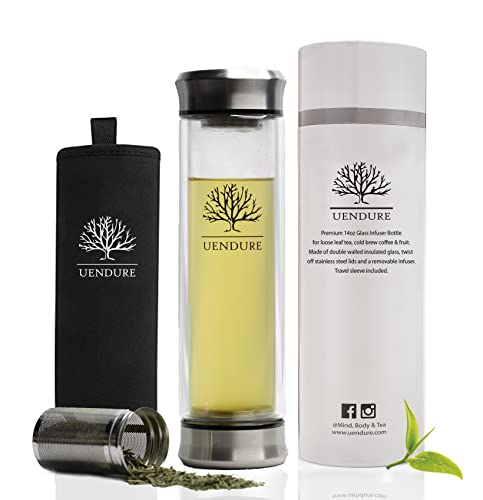 UEndure Tea Tumbler with Infuser - BPA Free Double Wall Glass Travel Tea Mug with Stainless Steel Filter - Watertight Tea Bottle with Strainer for Loose Leaf Tea and Fruit Infused Water 14oz