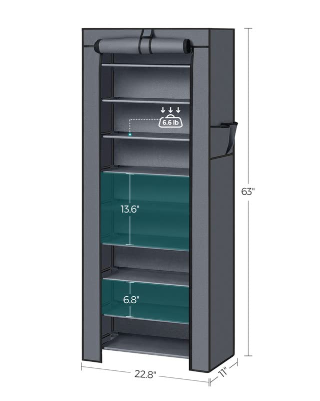 SONGMICS Shoe Rack, 9 Tier Shoe Organizer with Nonwoven Fabric Cover, Shoe Storage Shelf for 27-35 Pairs of Shoes, Entryway, Suitable for Sneakers, High Heels, Flats, and Boots, Grey URXJ10G