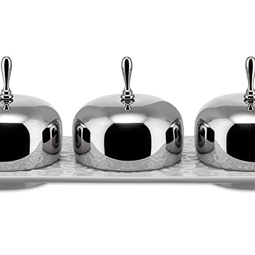 Alessi "Dressed" Three-Section Jam Tray in Porcelain With Lids in 18/10 Stainless Steel Mirror Polished, White