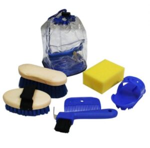 showman kids six piece colored grooming brush kit. comes in a carrying tote (blue)