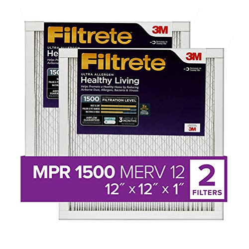 Filtrete 12x12x1 Air Filter, MPR 1500, MERV 12, Healthy Living Ultra-Allergen 3-Month Pleated 1-Inch Air Filters, 2 Filters