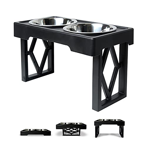 Pet Zone Designer Diner Adjustable Elevated Dog Bowls - Adjusts to 3 Heights, 2.75”, 8", & 12'' (Raised Dog Dish with Double Stainless Steel Bowls) Black, 20 x 10.6 x 6"