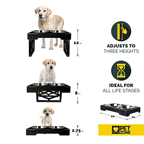 Pet Zone Designer Diner Adjustable Elevated Dog Bowls - Adjusts to 3 Heights, 2.75”, 8", & 12'' (Raised Dog Dish with Double Stainless Steel Bowls) Black, 20 x 10.6 x 6"