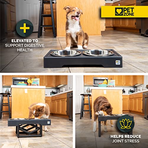 Pet Zone Designer Diner Adjustable Elevated Dog Bowls - Adjusts to 3 Heights, 2.75”, 8", & 12'' (Raised Dog Dish with Double Stainless Steel Bowls) Black, 20 x 10.6 x 6"