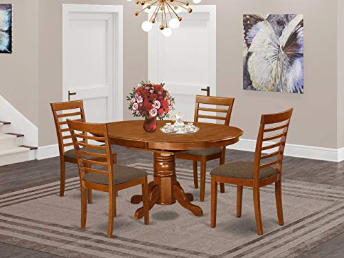 East West Furniture Avon 5 Piece Dinette Set for 4 Includes an Oval Room Table with Butterfly Leaf and 4 Linen Fabric Upholstered Dining Chairs, 42x60 Inch, Saddle Brown