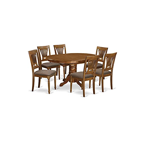 East West Furniture Avon 7 Piece Set Consist of an Oval Dining Room Table with Butterfly Leaf and 6 Linen Fabric Upholstered Chairs, 42x60 Inch, Saddle Brown