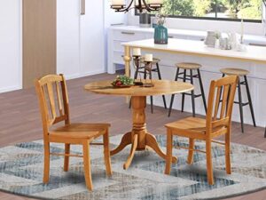 east west furniture dublin 3 piece set for small spaces contains a round dining room table with dropleaf and 2 wood seat chairs, 42x42 inch, oak