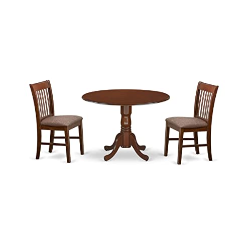 East West Furniture Dublin 3 Piece Kitchen Table & Chairs Set Contains a Round Room Table with Dropleaf and 2 Linen Fabric Upholstered Dining Chairs, 42x42 Inch, Mahogany