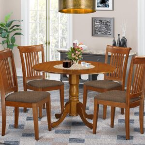 East West Furniture Dublin 5 Piece Dinette Set for 4 Includes a Round Room Table with Dropleaf and 4 Linen Fabric Upholstered Dining Chairs, 42x42 Inch, Saddle Brown