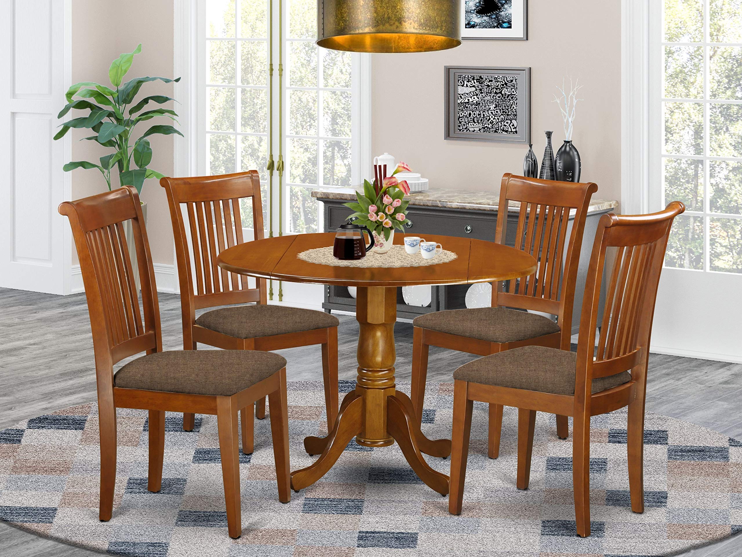 East West Furniture Dublin 5 Piece Dinette Set for 4 Includes a Round Room Table with Dropleaf and 4 Linen Fabric Upholstered Dining Chairs, 42x42 Inch, Saddle Brown