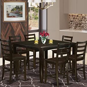 East West Furniture Fairwind 7 Piece Kitchen Counter Set Consist of a Square Table with Pedestal and 6 Dining Room Chairs, 54x54 Inch, Cappuccino