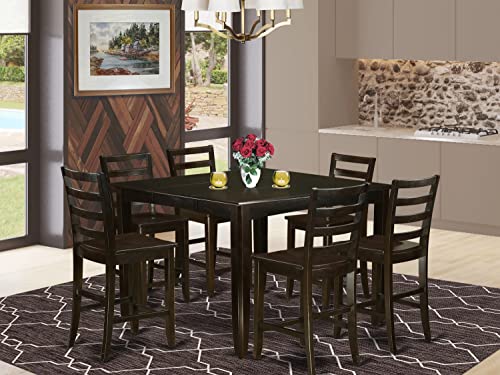 East West Furniture Fairwind 7 Piece Kitchen Counter Set Consist of a Square Table with Pedestal and 6 Dining Room Chairs, 54x54 Inch, Cappuccino