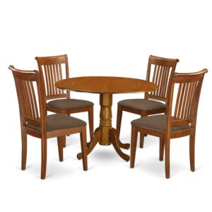 East West Furniture Dublin 5 Piece Dinette Set for 4 Includes a Round Room Table with Dropleaf and 4 Linen Fabric Upholstered Dining Chairs, 42x42 Inch, Saddle Brown