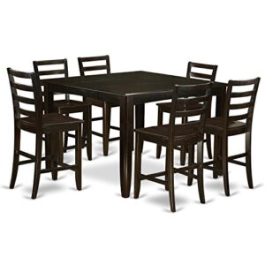 East West Furniture Fairwind 7 Piece Kitchen Counter Set Consist of a Square Table with Pedestal and 6 Dining Room Chairs, 54x54 Inch, Cappuccino