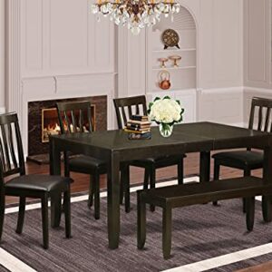 East West Furniture Lynfield 6 Piece Set Contains a Rectangle Dining Room Table with Butterfly Leaf and 4 Faux Leather Upholstered Chairs with a Bench, 36x66 Inch, Cappuccino