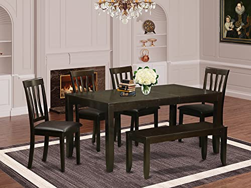 East West Furniture Lynfield 6 Piece Set Contains a Rectangle Dining Room Table with Butterfly Leaf and 4 Faux Leather Upholstered Chairs with a Bench, 36x66 Inch, Cappuccino