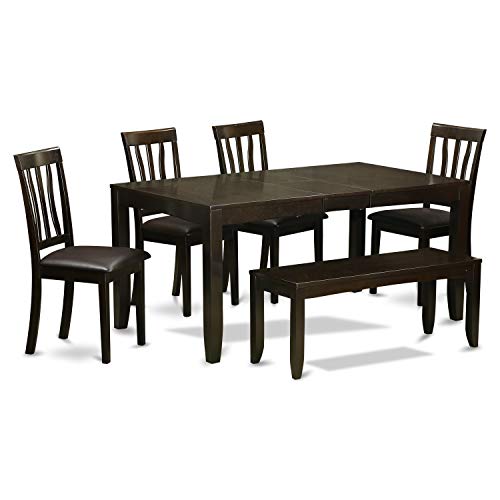 East West Furniture Lynfield 6 Piece Set Contains a Rectangle Dining Room Table with Butterfly Leaf and 4 Faux Leather Upholstered Chairs with a Bench, 36x66 Inch, Cappuccino