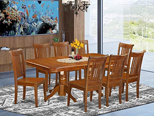 East West Furniture NAPO9-SBR-W 9 Piece Kitchen Table Set Includes a Rectangle Dining Table with Butterfly Leaf and 8 Dining Room Chairs, 40x78 Inch, Saddle Brown