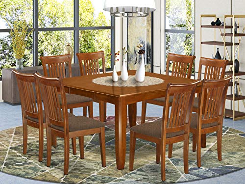 East West Furniture PFPO9-SBR-C 9 Pc Dining Room Set-Table with Leaf and 8 Kitchen Chairs, Microfiber Upholstered Seat