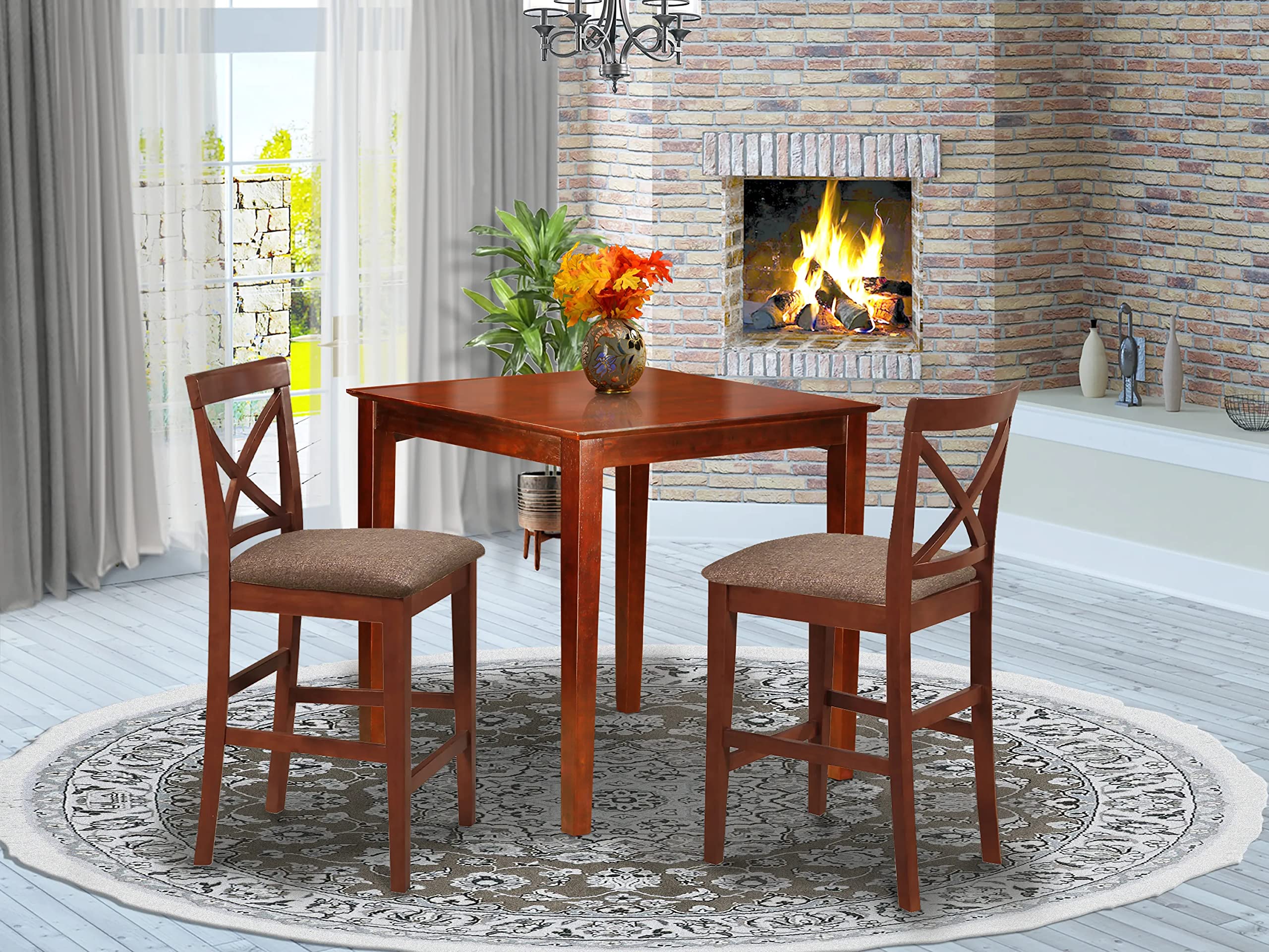 East West Furniture PUBS3-BRN-C Dining Set, Linen Fabric Seat