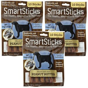 (3 pack) smartbones smartsticks peanut butter dog chew stick (10 chews per pack / 30 total)