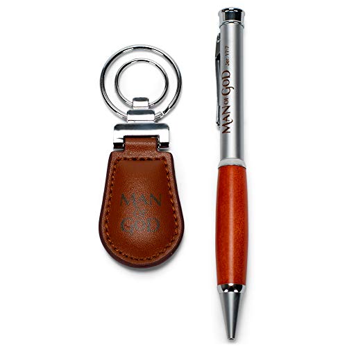 Dicksons Man of God 2 Piece Metal Woodgrain Ballpoint Pen and Leatherette Keychain Gift Boxed Set