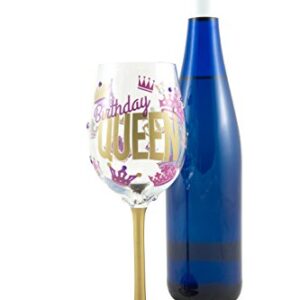 Top Shelf “Birthday Queen” Decorative Wine Glass ; Funny Gifts for Women ; Hand Painted Purple and Gold Design ; Unique Red or White Wine Glasses