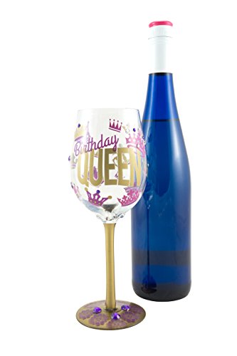 Top Shelf “Birthday Queen” Decorative Wine Glass ; Funny Gifts for Women ; Hand Painted Purple and Gold Design ; Unique Red or White Wine Glasses