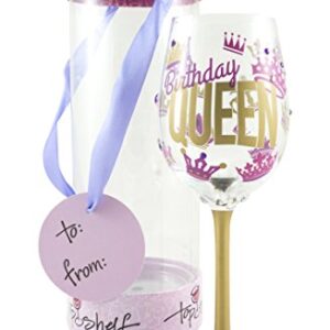 Top Shelf “Birthday Queen” Decorative Wine Glass ; Funny Gifts for Women ; Hand Painted Purple and Gold Design ; Unique Red or White Wine Glasses