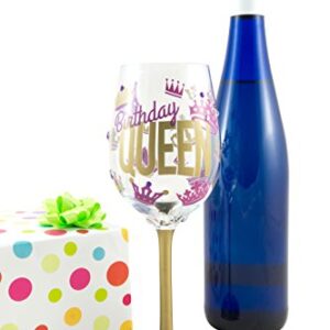 Top Shelf “Birthday Queen” Decorative Wine Glass ; Funny Gifts for Women ; Hand Painted Purple and Gold Design ; Unique Red or White Wine Glasses