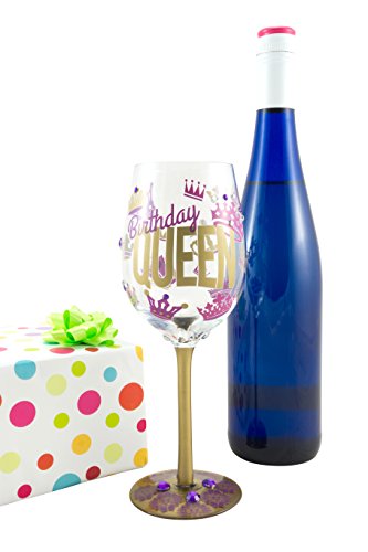 Top Shelf “Birthday Queen” Decorative Wine Glass ; Funny Gifts for Women ; Hand Painted Purple and Gold Design ; Unique Red or White Wine Glasses