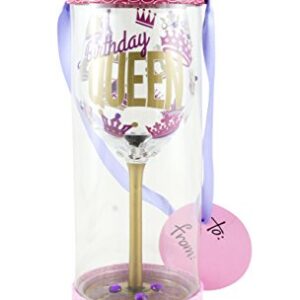 Top Shelf “Birthday Queen” Decorative Wine Glass ; Funny Gifts for Women ; Hand Painted Purple and Gold Design ; Unique Red or White Wine Glasses