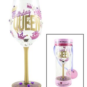 Top Shelf “Birthday Queen” Decorative Wine Glass ; Funny Gifts for Women ; Hand Painted Purple and Gold Design ; Unique Red or White Wine Glasses