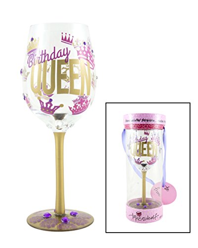 Top Shelf “Birthday Queen” Decorative Wine Glass ; Funny Gifts for Women ; Hand Painted Purple and Gold Design ; Unique Red or White Wine Glasses