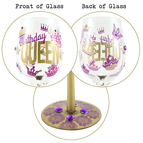 Top Shelf “Birthday Queen” Decorative Wine Glass ; Funny Gifts for Women ; Hand Painted Purple and Gold Design ; Unique Red or White Wine Glasses