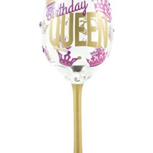 Top Shelf “Birthday Queen” Decorative Wine Glass ; Funny Gifts for Women ; Hand Painted Purple and Gold Design ; Unique Red or White Wine Glasses