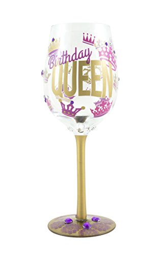 Top Shelf “Birthday Queen” Decorative Wine Glass ; Funny Gifts for Women ; Hand Painted Purple and Gold Design ; Unique Red or White Wine Glasses