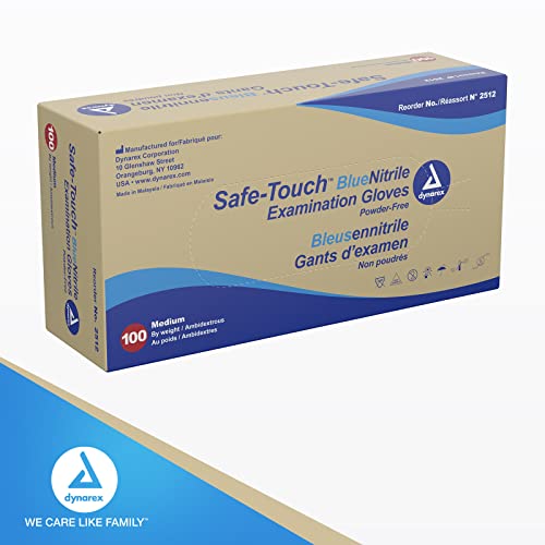 Dynarex Safe-Touch Disposable Nitrile Exam Gloves, Powder-Free, Latex-Free, Touchscreen Friendly & Used by Professionals, Blue, Medium, 1 Box of 100 Safe-Touch Disposable Nitrile Exam Gloves