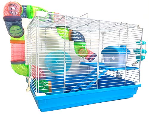 2 Levels Habitat Hamster Home Rodent Gerbil Mouse Mice Rat Wire Cage with Complete Set of Accessories (18" L x 12" W x 15" H, Blue)