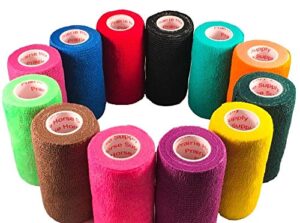 4 inch vet cohesive bandage wrap tape bulk (assorted colors) (pack of 24) self adhesive adherent adhering flex bandage grip roll for dog cat pet horse