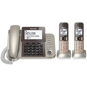 panasonic corded / cordless phone system with answering machine and one touch call blocking – 2 handsets - kx-tgf352n (champagne gold)