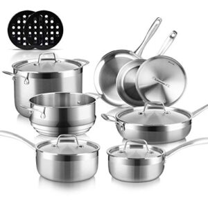 duxtop whole-clad tri-ply stainless steel induction cookware set, 14pc kitchen pots and pans set