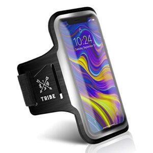 tribe running phone holder armband. iphone & galaxy cell phone sports arm bands for women, men, runners, jogging, walking, exercise & gym workout. fits all smartphones. adjustable strap, cc/key pocket