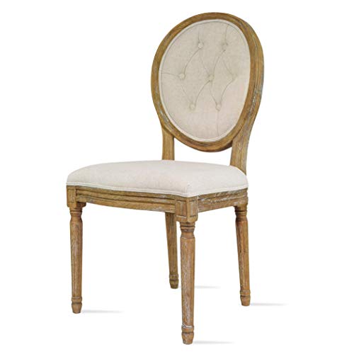 2xhome - French Country Vintage Chic Style Dining Side Chair with Upholstered Linen Welted Fabric and Elegant Natural Rustic Wood Frame - Tufted Button Oval Back