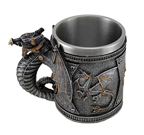 Zeckos Steampunk Geared Dragon Stainless Steel Lined Silvered Tankard