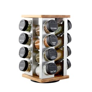 kamenstein 16 jar warner revolving countertop spice rack organizer with lift & pour caps and spices included, free spice refills for 5 years, stainless steel & bamboo with black caps